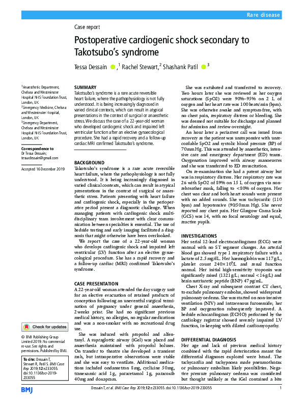 (PDF) Postoperative cardiogenic shock secondary to Takotsubo’s syndrome