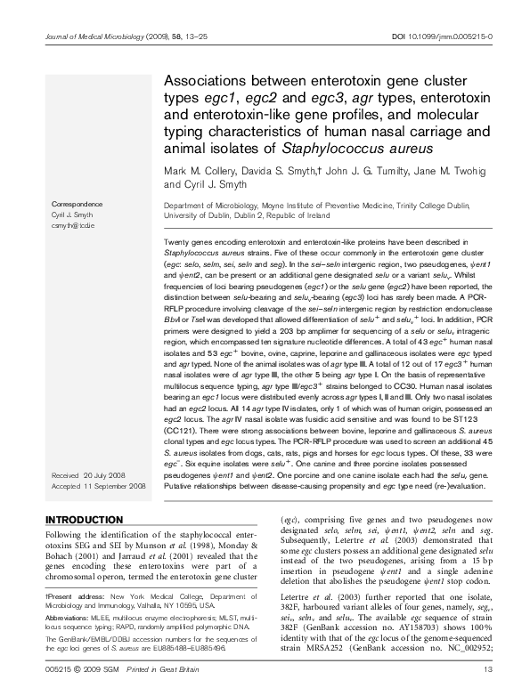 (PDF) Associations between enterotoxin gene cluster types egc1, egc2 ...