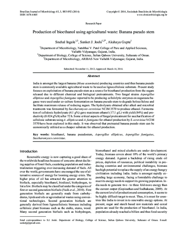 (PDF) Production of bioethanol using agricultural waste: banana pseudo stem