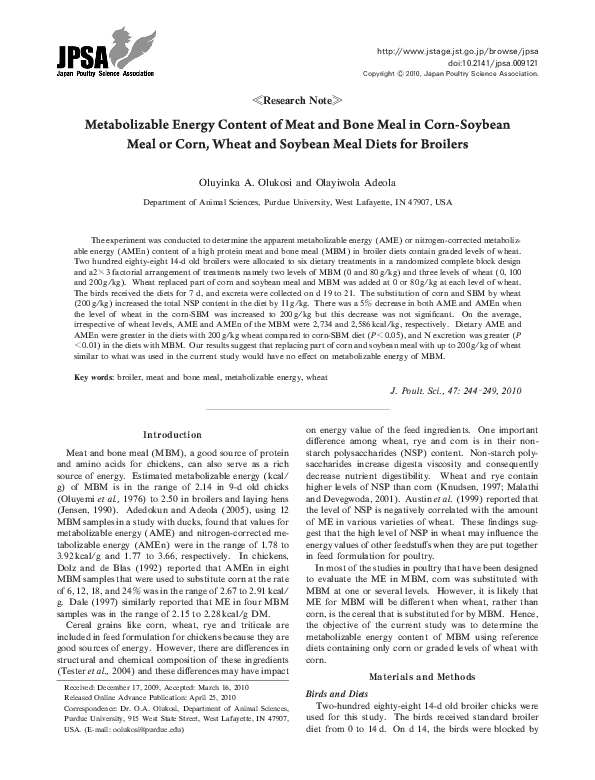 Pdf Metabolizable Energy Content Of Meat And Bone Meal In Corn Soybean Meal Or Corn Wheat And
