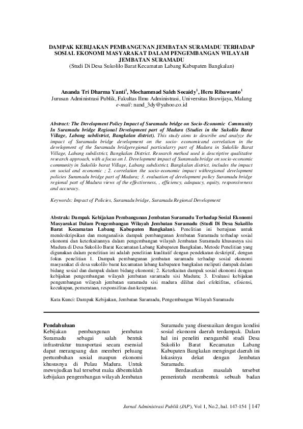 (PDF) Dampak Kebijakan Pembangunan Jembatan Suramadu Terhadap Sosial ...
