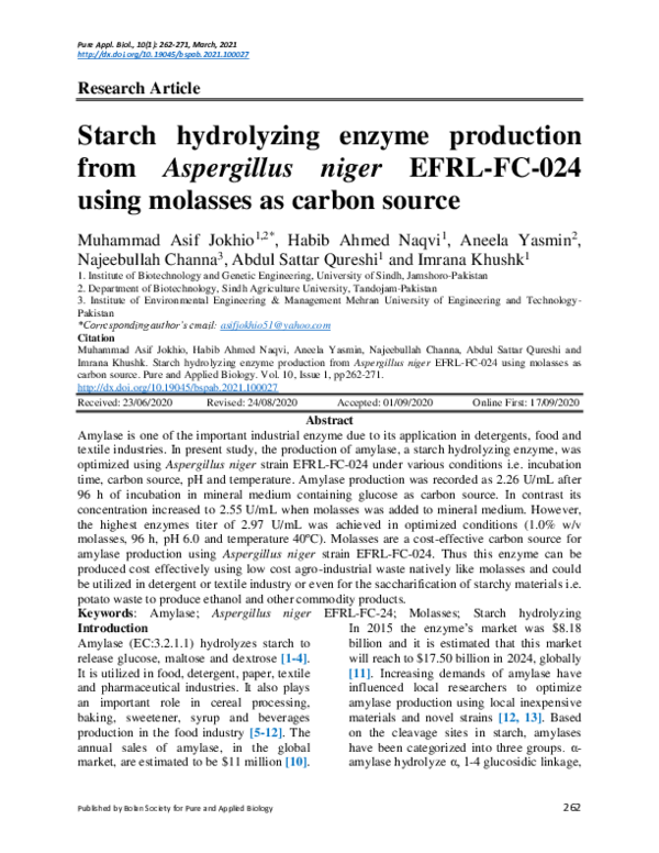(PDF) Starch hydrolyzing enzyme production from Aspergillus niger EFRL ...