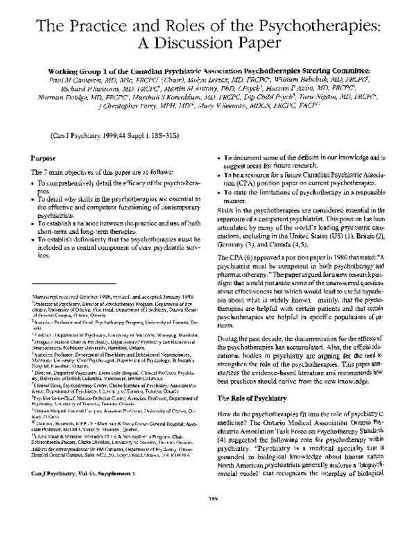 (PDF) The Practice and Roles of the Psychotherapies: A Discussion Paper