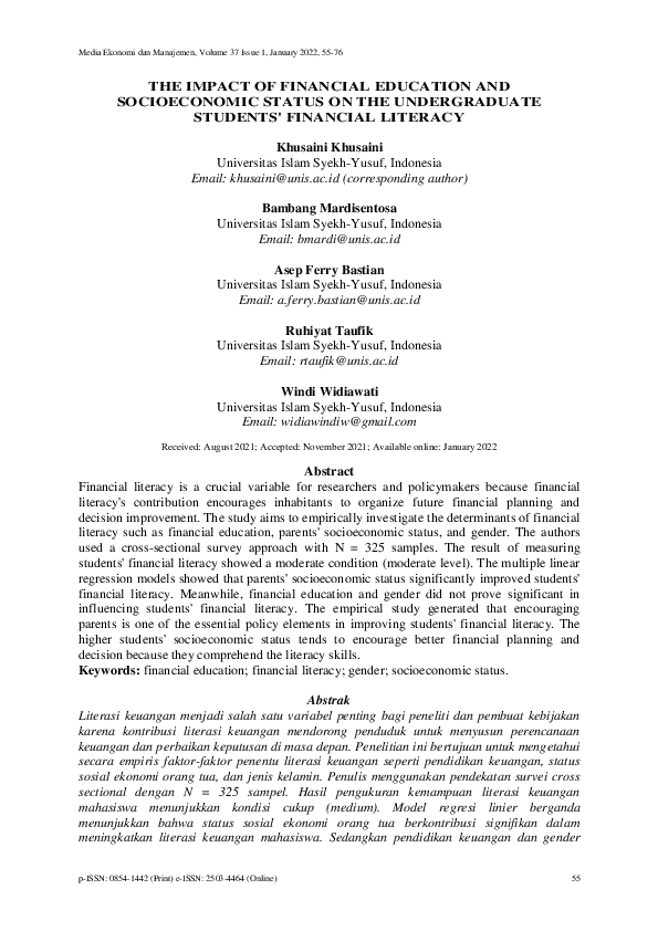 (PDF) The Impact of Financial Education and Socioeconomic Status on the Undergraduate Students ...