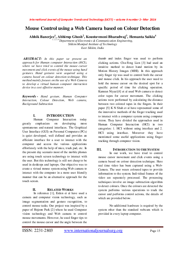 (PDF) Mouse Control using a Web Camera based on Colour Detection