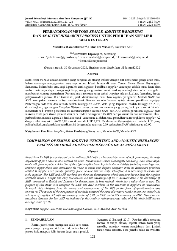 Pdf Perbandingan Metode Simple Additive Weighting Dan Analytic Hierarchy Process Untuk
