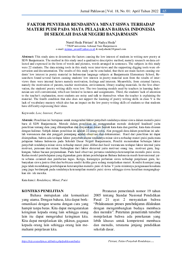 (PDF) Faktor Penyebab Rendahnya Minat Siswa Terhadap Materi Puisi Pada Mata Pelajaran Bahasa ...