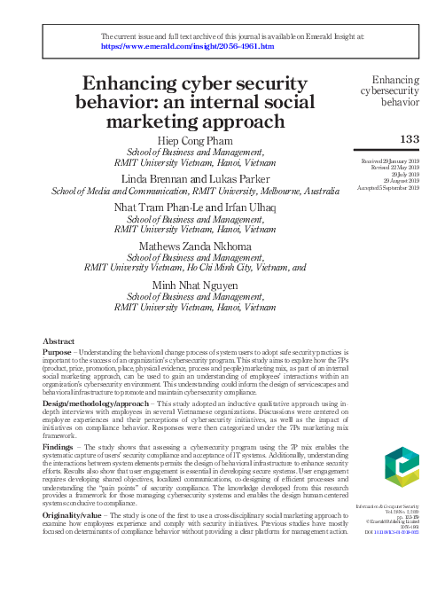 (PDF) Enhancing cyber security behavior: an internal social marketing approach