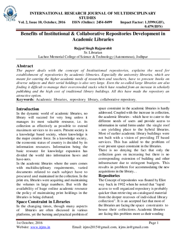 (PDF) Benefits of Institutional & Collaborative Repositories ...