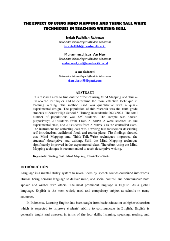 (PDF) The Comparison Between Using Mind Mapping and Think Talk Write Technique in Teaching ...