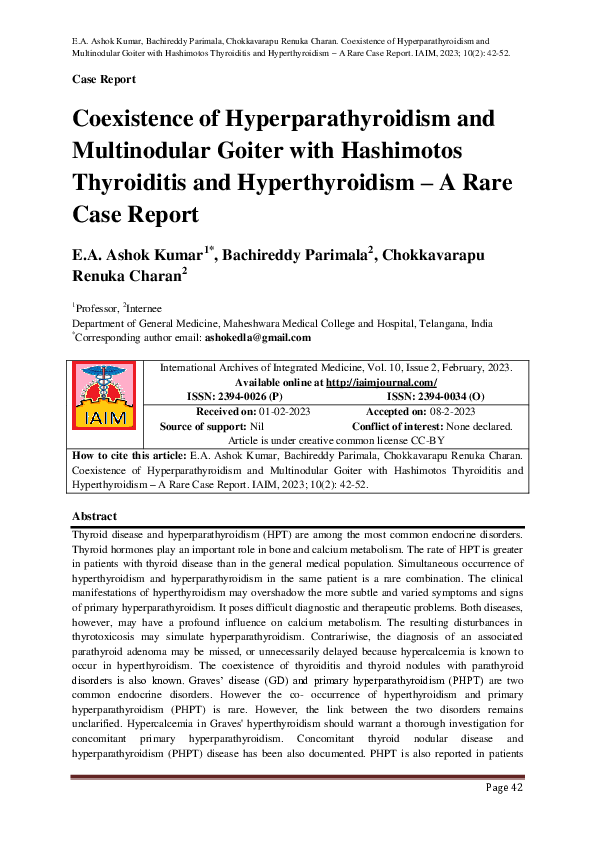 (PDF) Coexistence of Hyperparathyroidism and Multinodular Goiter with Hashimotos Thyroiditis and ...