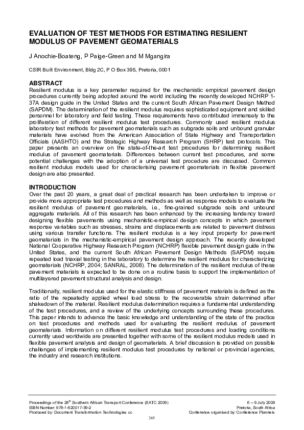 Pdf Evaluation Of Test Methods For Estimating Resilient Modulus Of Pavement Geomaterials