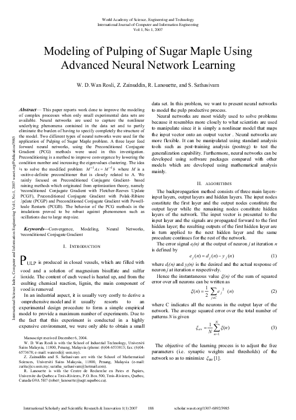 (PDF) Modeling Of Pulping Of Sugar Maple Using Advanced Neural Network Learning