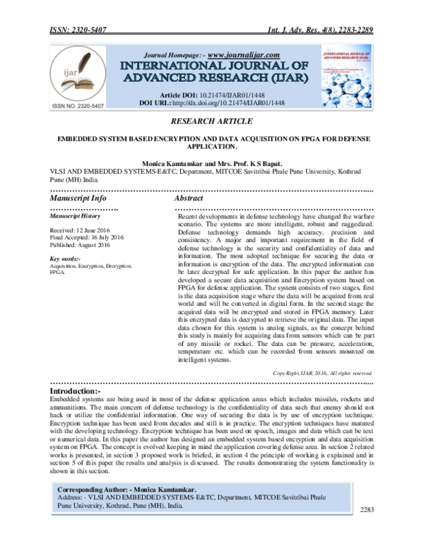 Pdf Embedded System Based Encryption And Data Acquisition On Fpga For