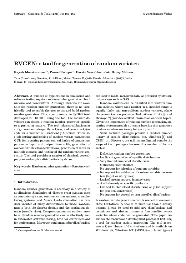 (PDF) RVGEN: a tool for generation of random variates