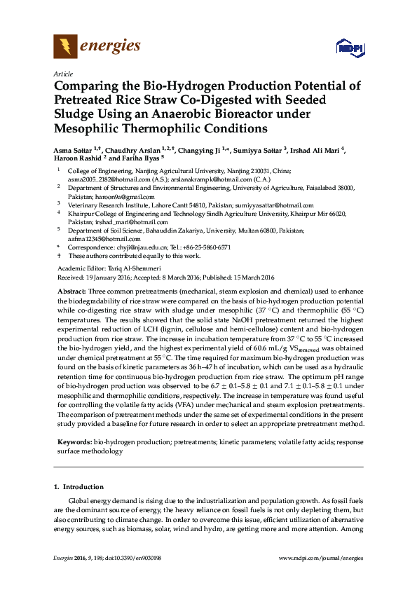 (PDF) Comparing the Bio-Hydrogen Production Potential of Pretreated Rice Straw Co-Digested with ...