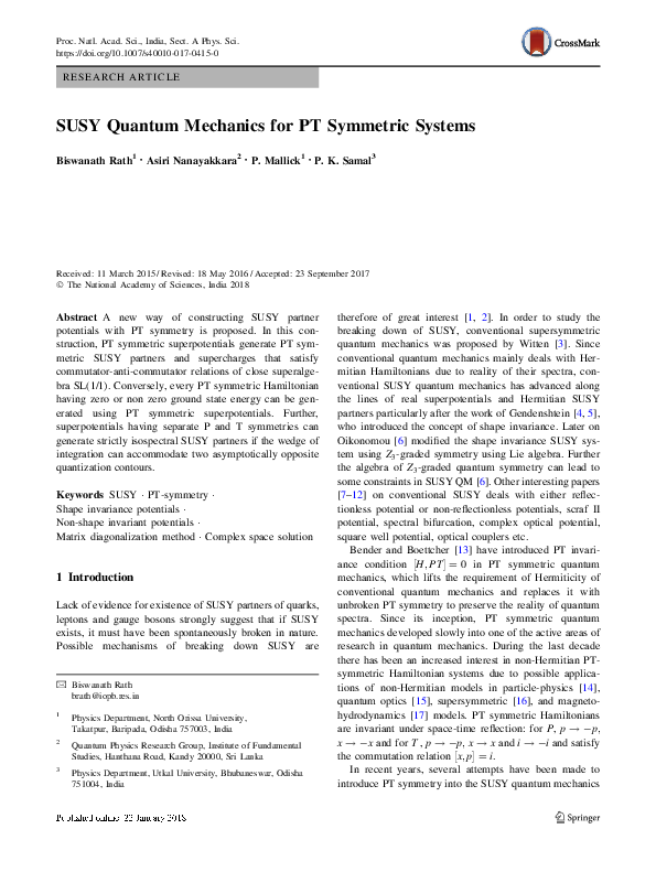 (PDF) SUSY Quantum Mechanics for PT Symmetric Systems