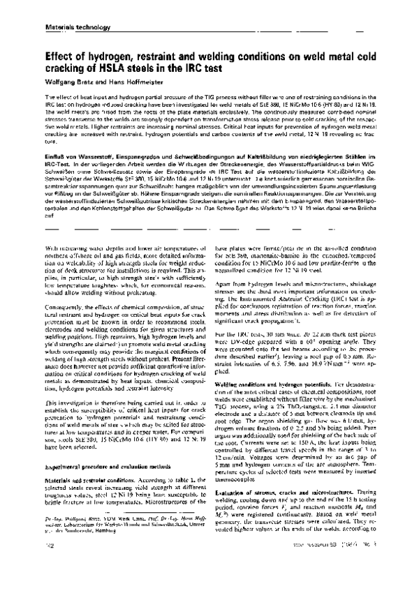 (PDF) Effect of hydrogen, restraint and welding conditions on weld metal cold cracking of HSLA ...