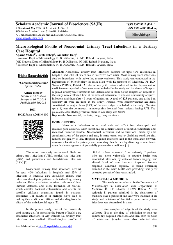(PDF) Microbiological Profile of Nosocomial Urinary Tract Infections in a Tertiary Care Hospital