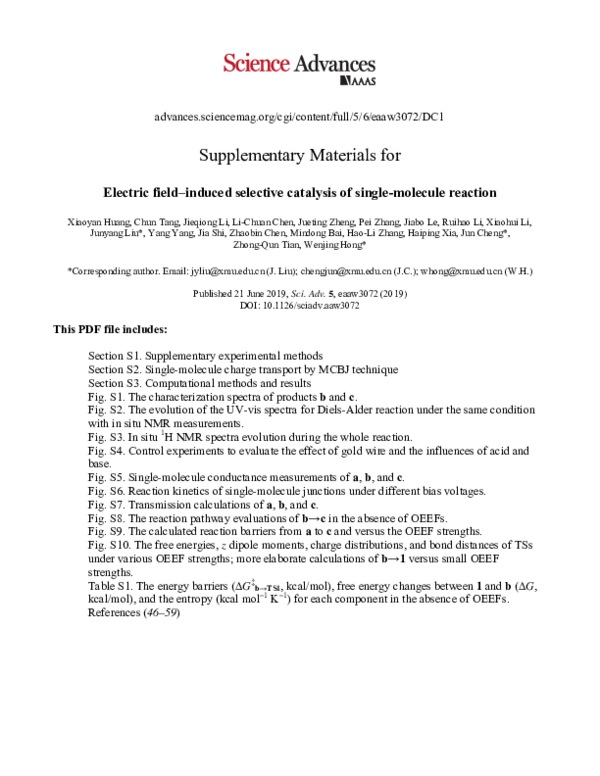 (PDF) Electric field–induced selective catalysis of single-molecule reaction