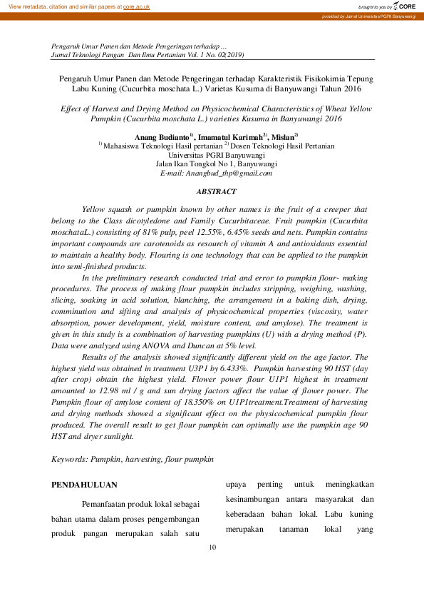 (PDF) Pengaruh Umur Panen dan Metode Pengeringan terhadap Karakteristik Fisikokimia Tepung Labu ...