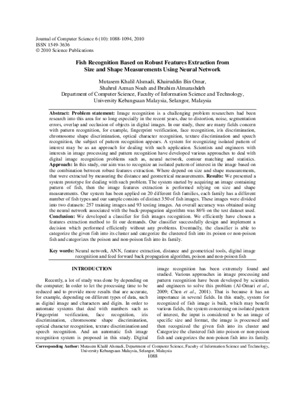 (PDF) Fish recognition based on robust features extraction from size and shape measurements ...