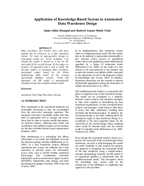 (PDF) Application of knowledge-based system in automated data warehouse design