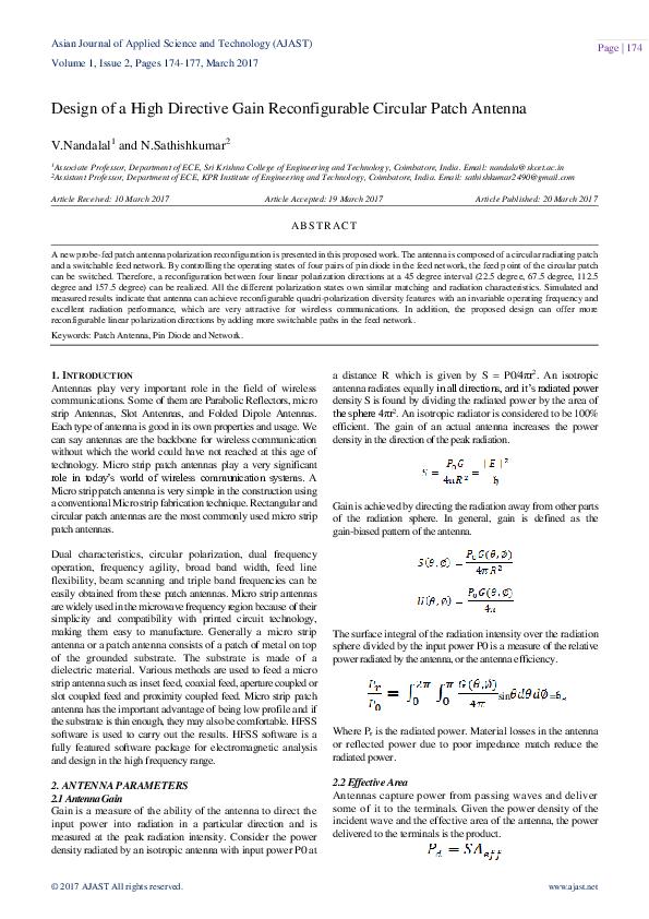 Pdf Design Of A High Directive Gain Reconfigurable Circular Patch Antenna Ramkumar