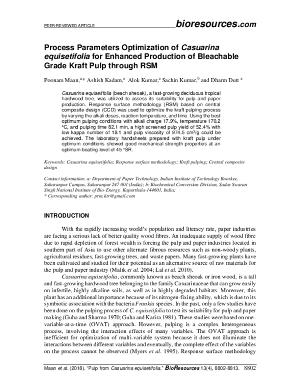 (PDF) Process Parameters Optimization of Casuarina equisetifolia for Enhanced Production of ...