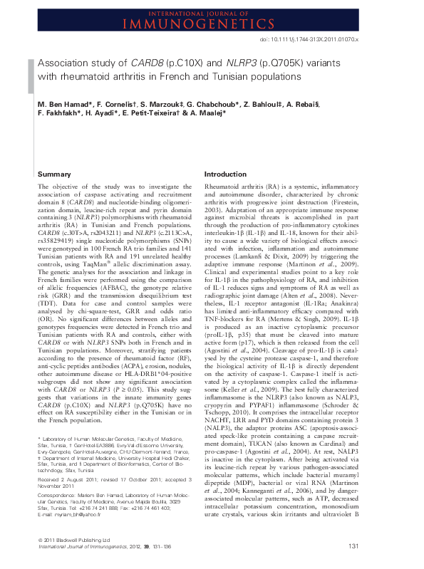(PDF) Association study of CARD8 (p.C10X) and NLRP3 (p.Q705K) variants ...