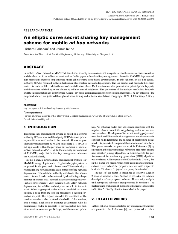 Pdf An Elliptic Curve Secret Sharing Key Management Scheme For Mobile Ad Hoc Networks Hisham