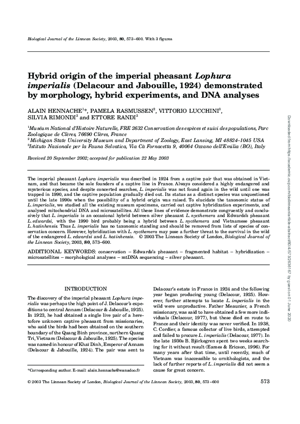 (PDF) Hybrid origin of the imperial pheasant Lophura imperialis ...