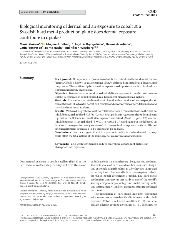 (PDF) Biological monitoring of dermal and air exposure to cobalt at a ...