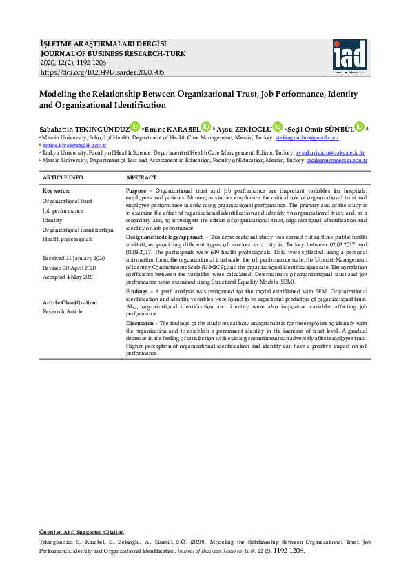 (PDF) Modeling the Relationship Between Organizational Trust, Job Performance, Identity and ...