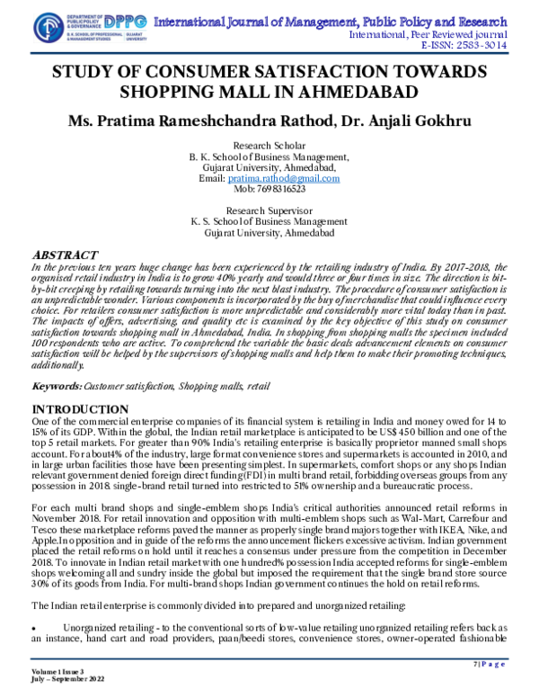(PDF) Study of Consumer Satisfaction Towards Shopping Mall in Ahmedabad