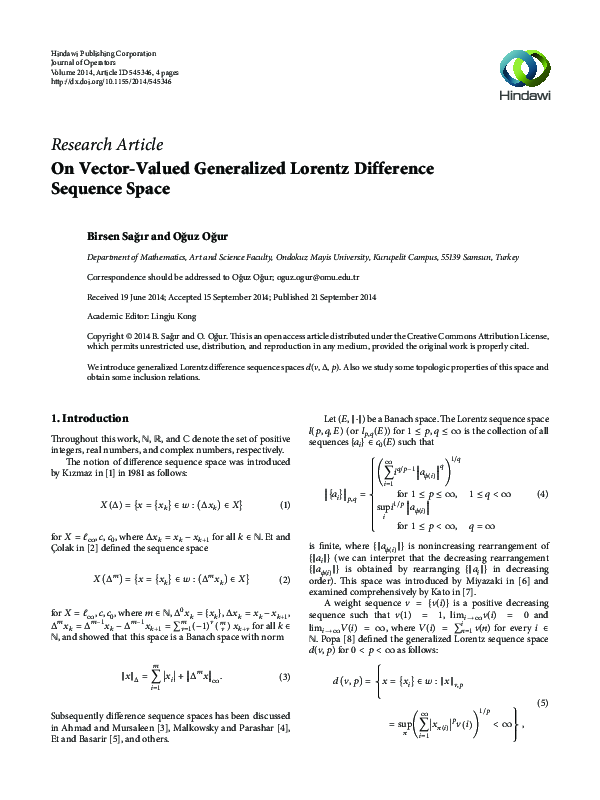 (PDF) On Vector-Valued Generalized Lorentz Difference Sequence Space | Oğuz Oğur - Academia.edu