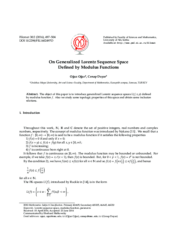 (PDF) On generalized Lorentz sequence space defined by modulus functions | Oğuz Oğur - Academia.edu