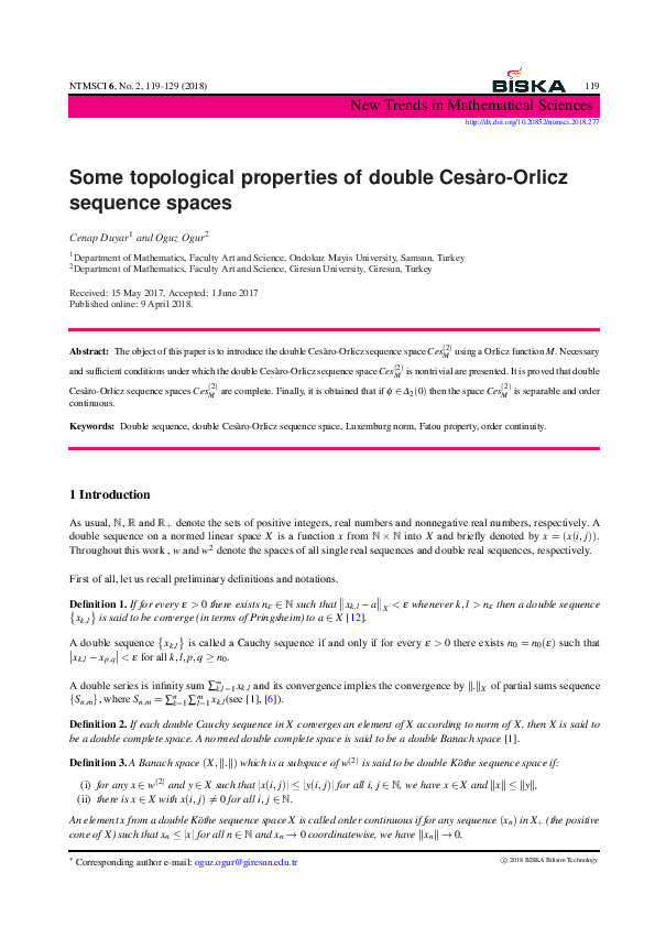 (PDF) Some topological properties of double Ces aro-Orlicz sequence spaces