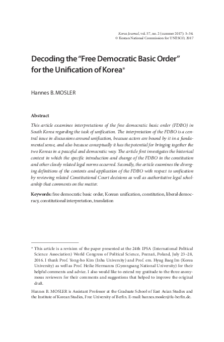 (PDF) Decoding the “Free Democratic Basic Order” for the Unification of Korea