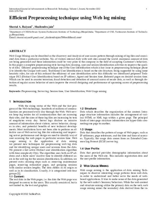 Pdf Efficient Preprocessing Technique Using Web Log Mining
