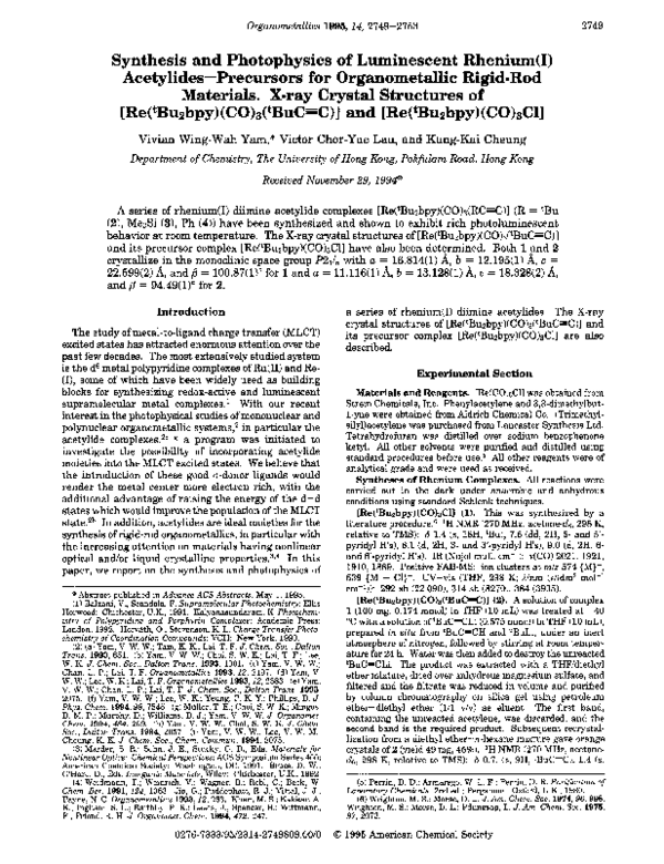 (PDF) Synthesis and Photophysics of Luminescent Rhenium(I) Acetylides-Precursors for ...