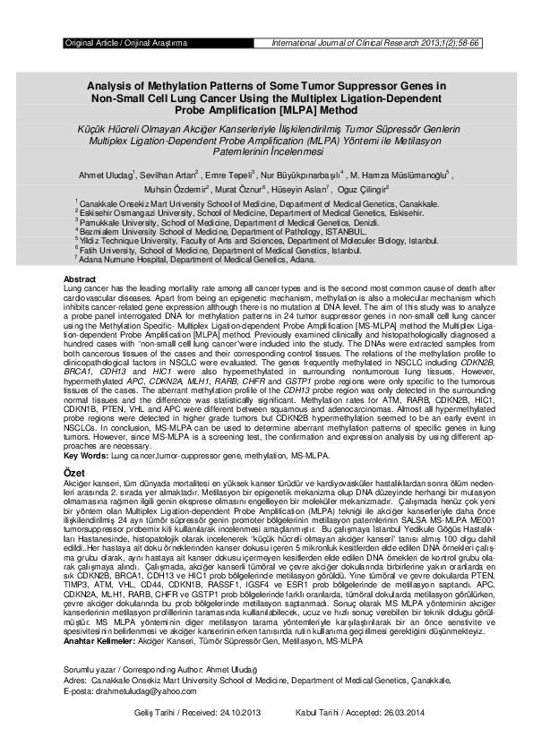 (PDF) Analysis of Methylation Patterns of Some Tumor Suppressor Genes ...