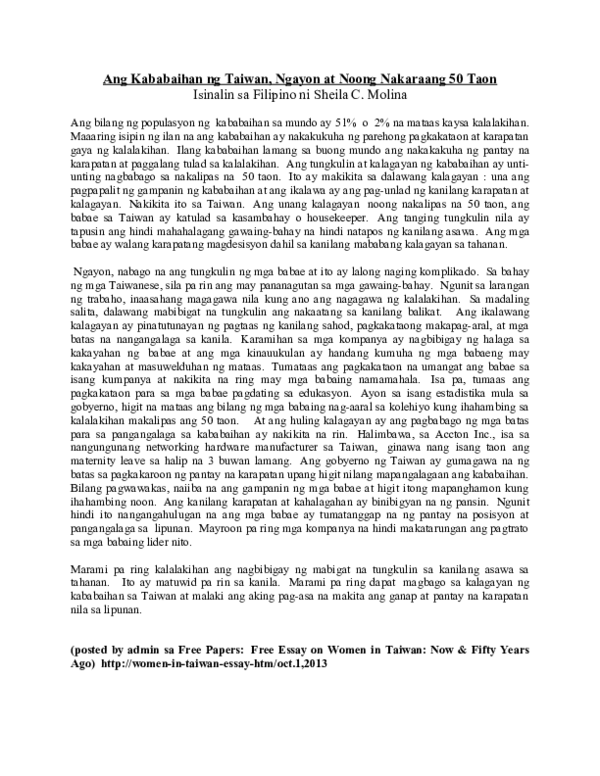(DOC) Ang Kababaihan ng Taiwan, Ngayon at Noong Nakaraang 50 Taon Isinalin sa Filipino ni