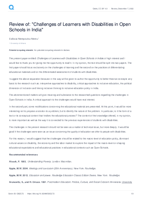 Review of: "Challenges of Learners with Disabilities in Open Schools in ...