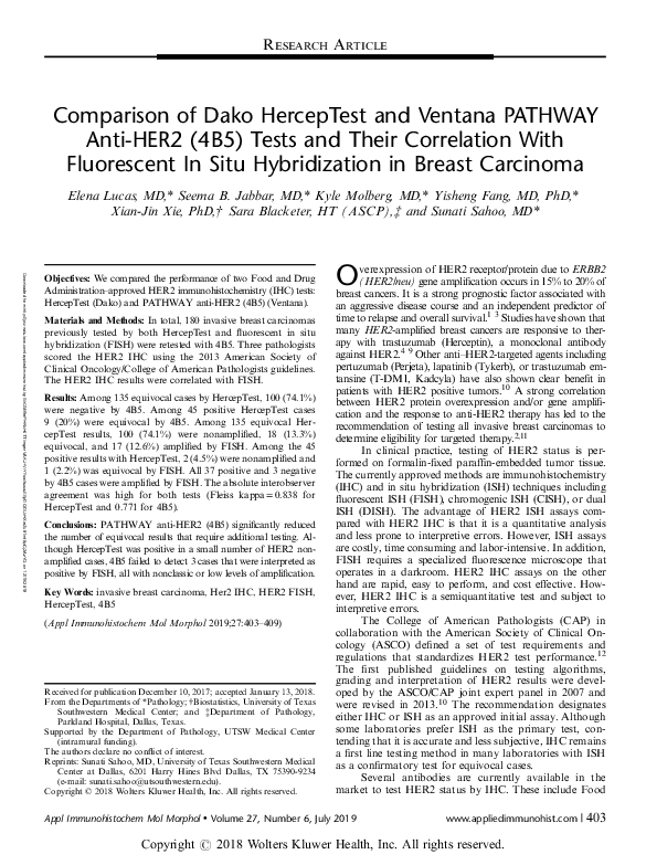 (PDF) Comparison of Dako HercepTest and Ventana PATHWAY Anti-HER2 (4B5 ...