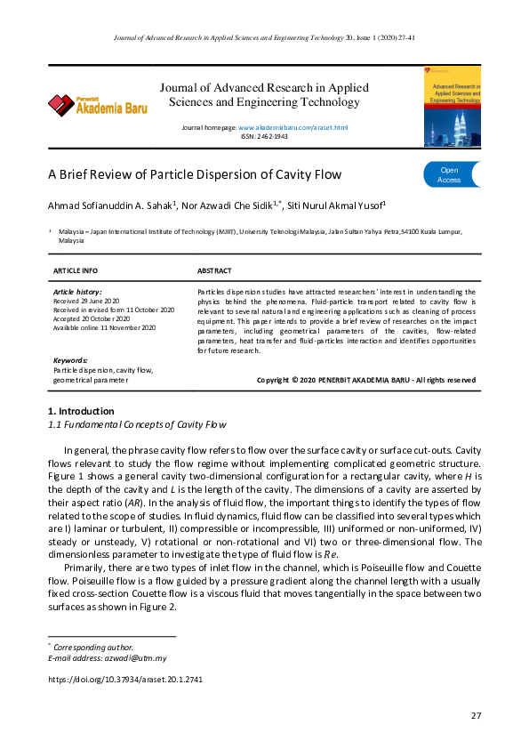 (PDF) A Brief Review of Particle Dispersion of Cavity Flow
