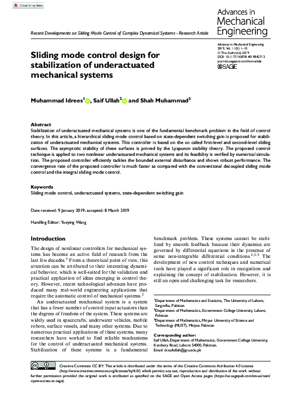 (PDF) Sliding mode control design for stabilization of underactuated mechanical systems