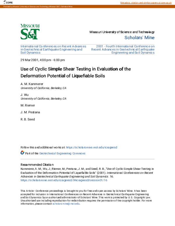 (PDF) Cyclic Simple Shear Testing for Deformation in Liquefiable Soils