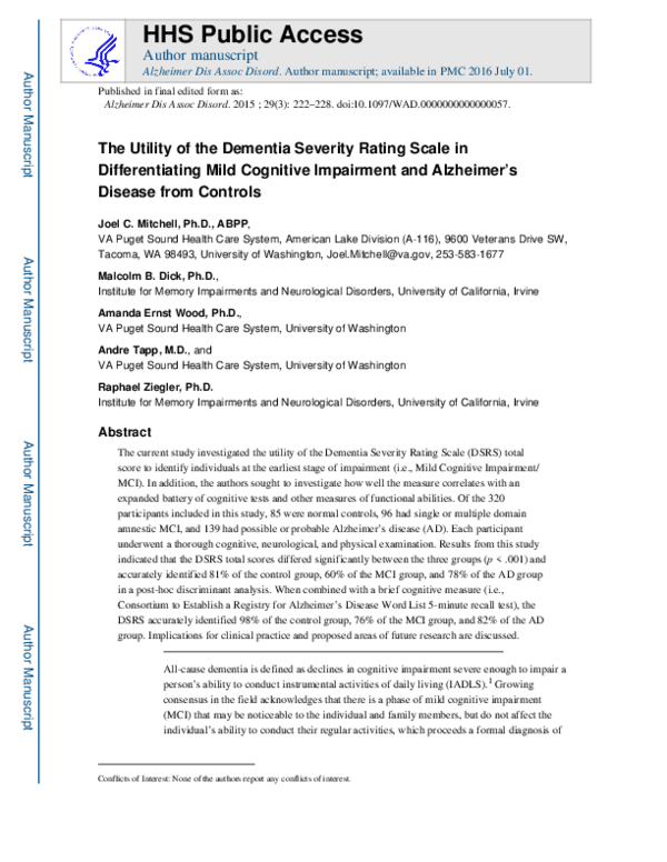 (PDF) The Utility of the Dementia Severity Rating Scale in ...