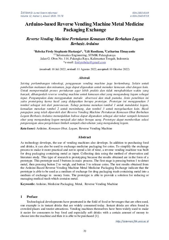 (PDF) Arduino-based Reverse Vending Machine Metal Medicine Packaging Exchange